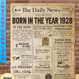 1928 Birthday NEWSPAPER Style Printable Poster With 1928 | Etsy