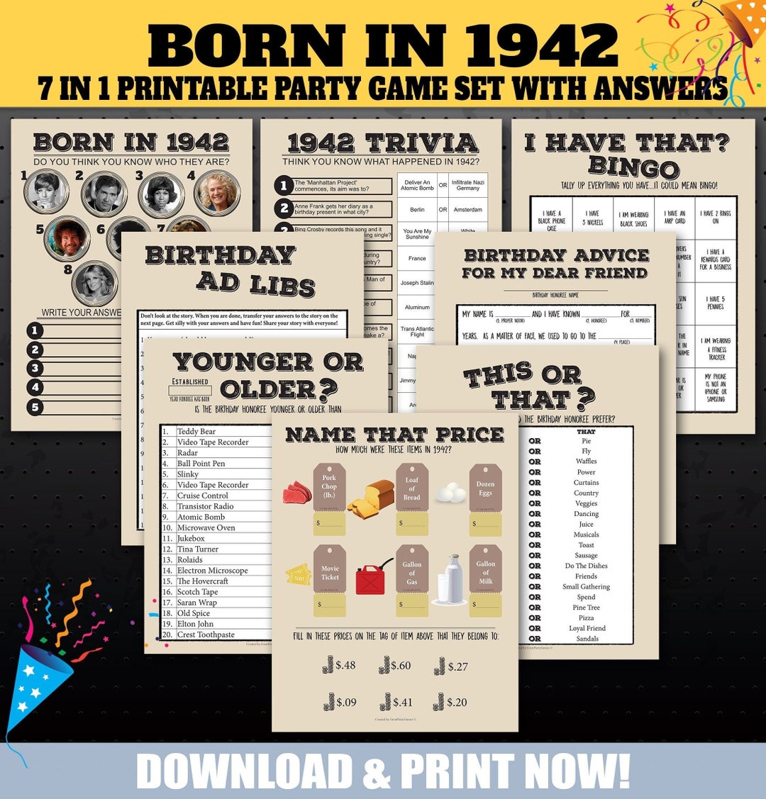 1942 Birthday Party Games, 1942 Birthday Party Trivia Game, Born in ...