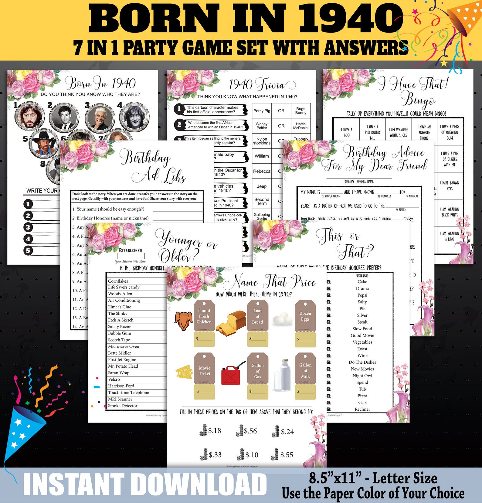 1940 Birthday Party Games, 1940 Birthday Party Trivia Game, Born in ...