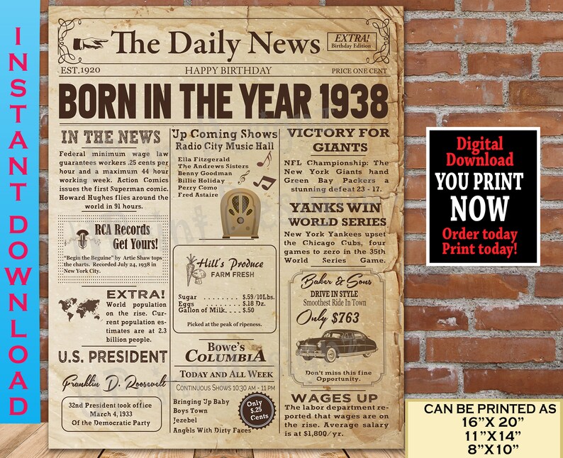 1938 Birthday NEWSPAPER Style Poster Party Decoration With | Etsy