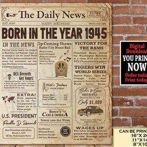 1945 Birthday NEWSPAPER Poster 1945 Birthday Gift Sign Board, 1945 ...