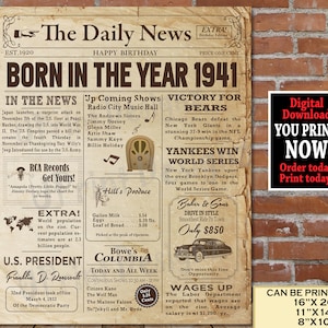 1941 Birthday NEWSPAPER Poster, 1941 Birthday Sign, 1941 Birthday Gift ...