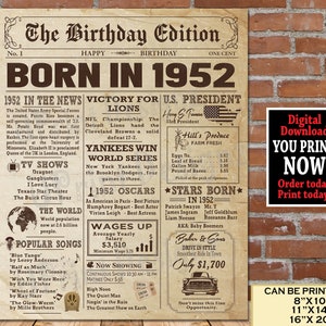 1952 Birthday Newspaper Poster Sign, 1952 Birthday, Years Ago Back in ...