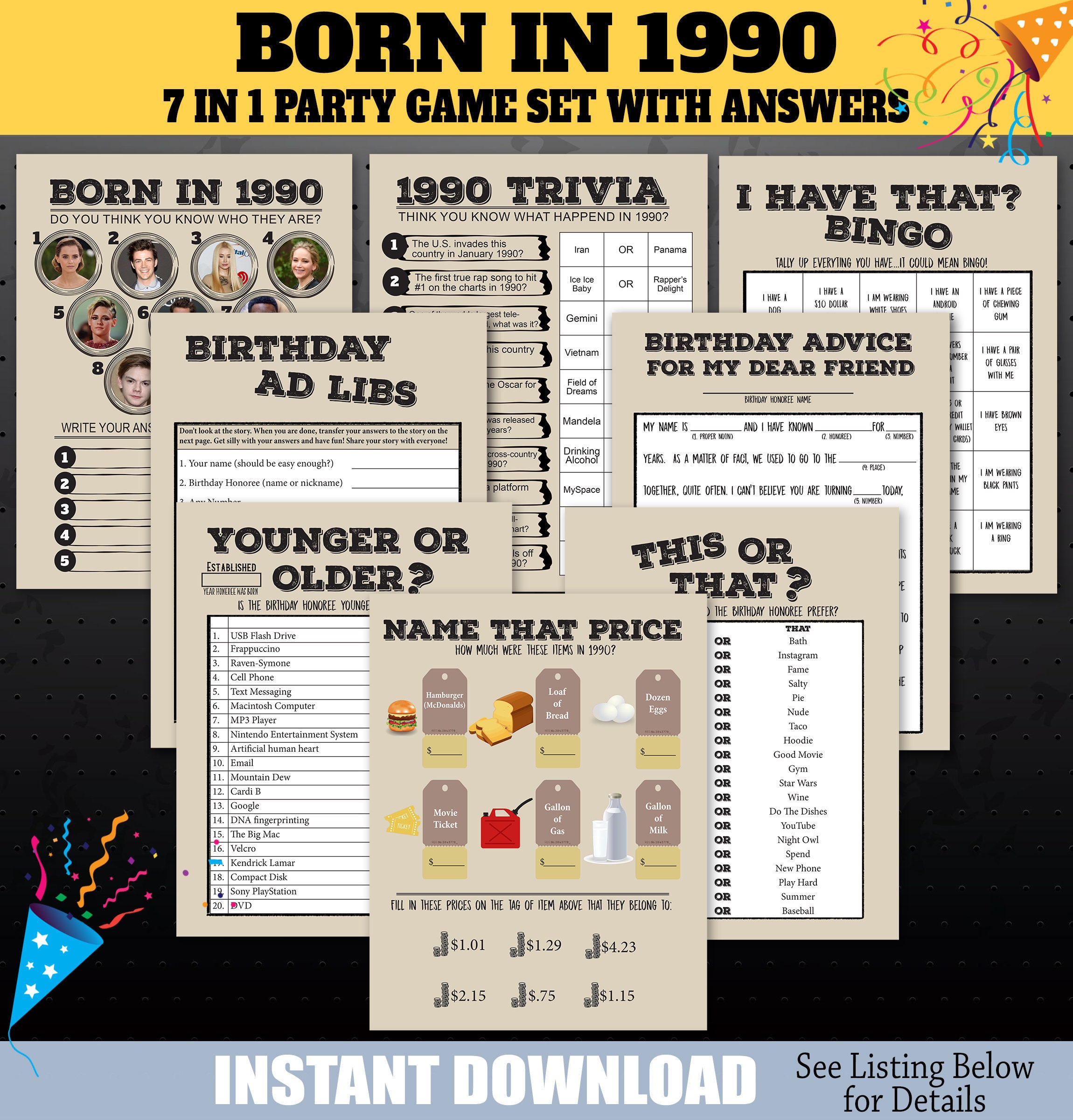 1990 Birthday Party Games, 1990 Party Trivia Games, Born in 1990 Trivia ...