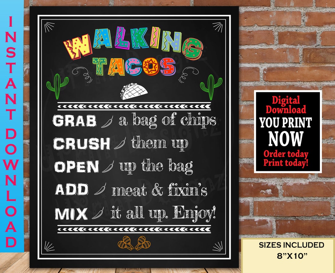 Walking Taco Bar Sign Printable, Taco Bar Sign , Taco Party Decor ...