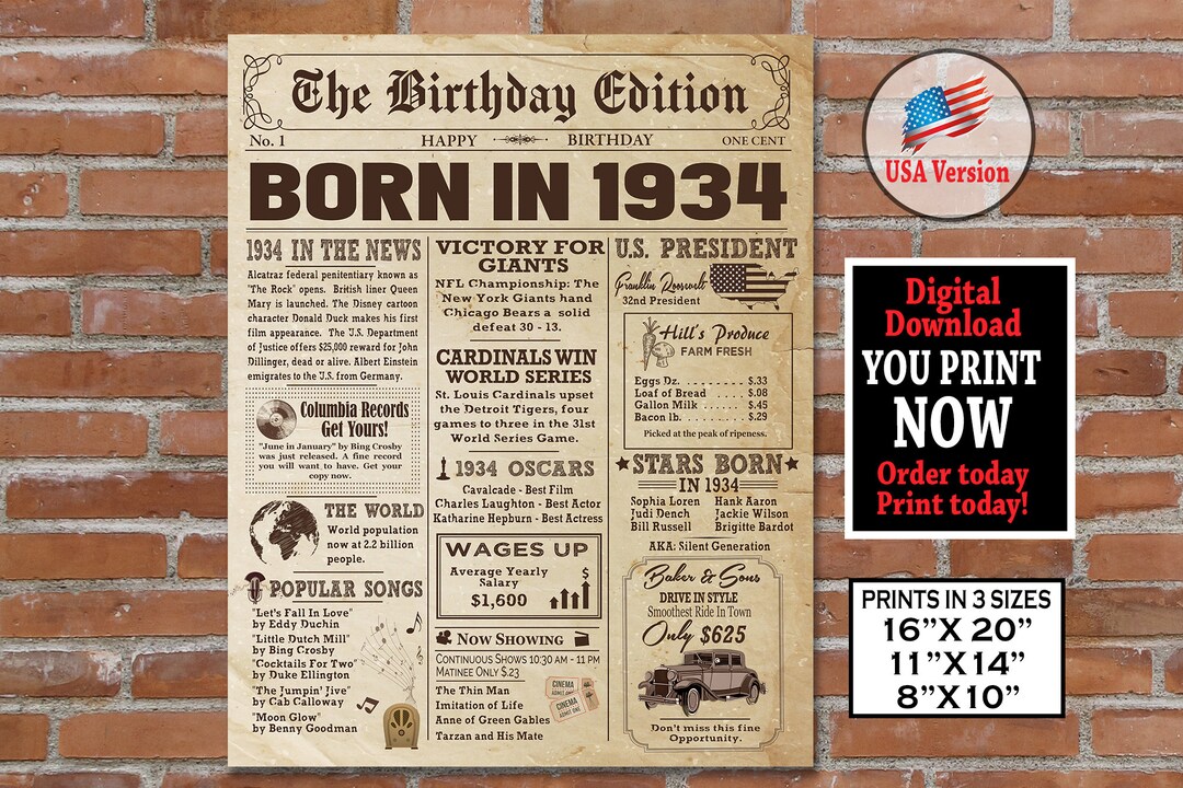 1934 Birthday NEWSPAPER Poster 1934 Newspaper Facts for Adult Birthday ...