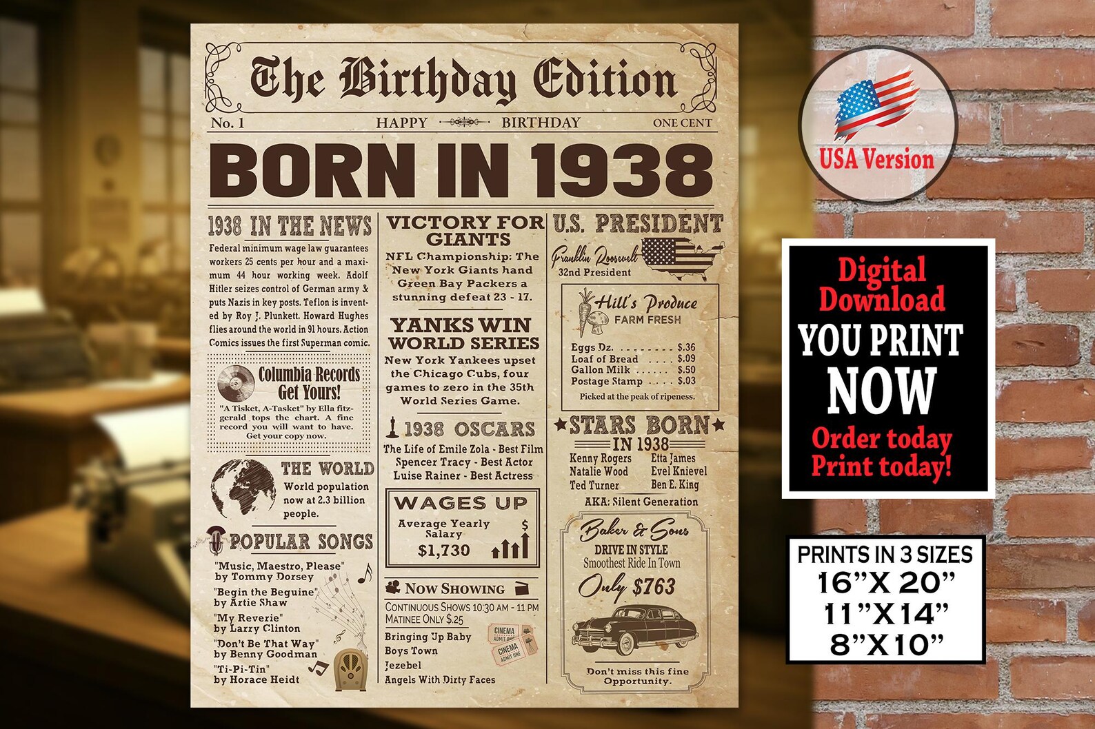 1938 Birthday NEWSPAPER Style Poster, Party Decoration With 1938 ...