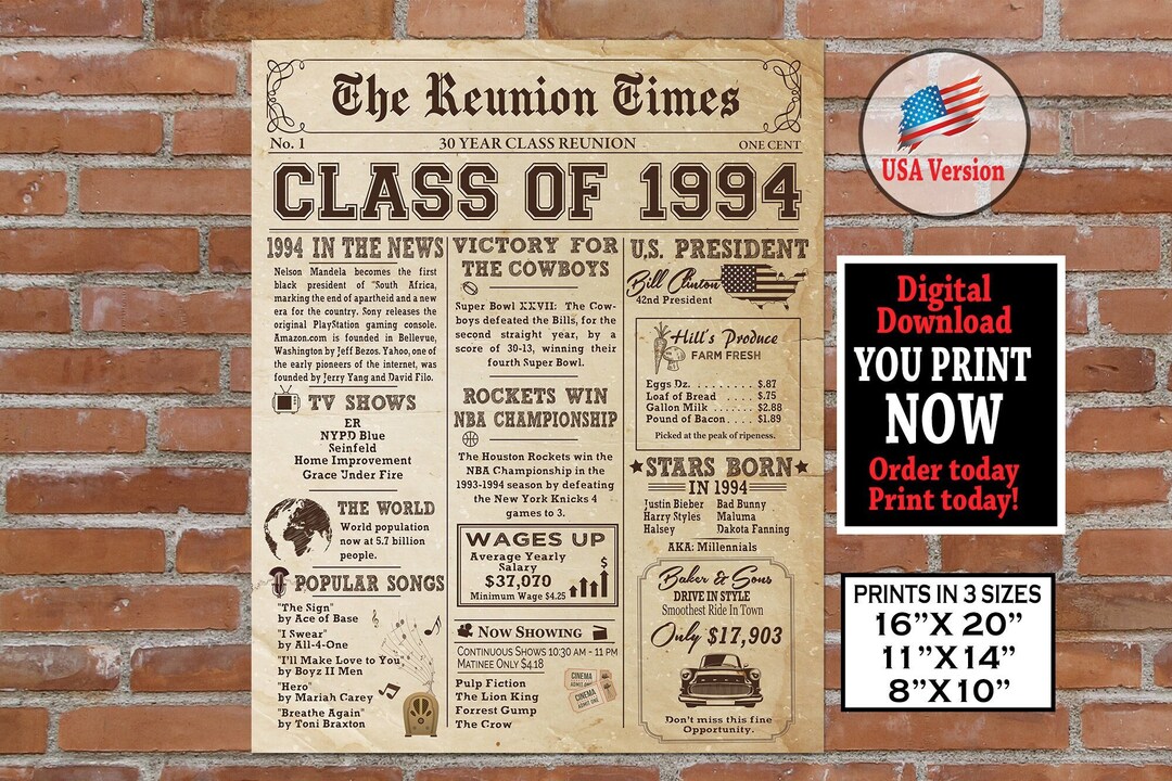 1994 Class Reunion NEWSPAPER Poster | 30th Class Reunion | 1994 Facts ...