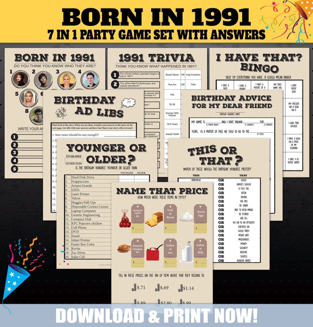 1991 Birthday Party Games, 1991 Party Trivia Games, Born in 1991 Trivia ...
