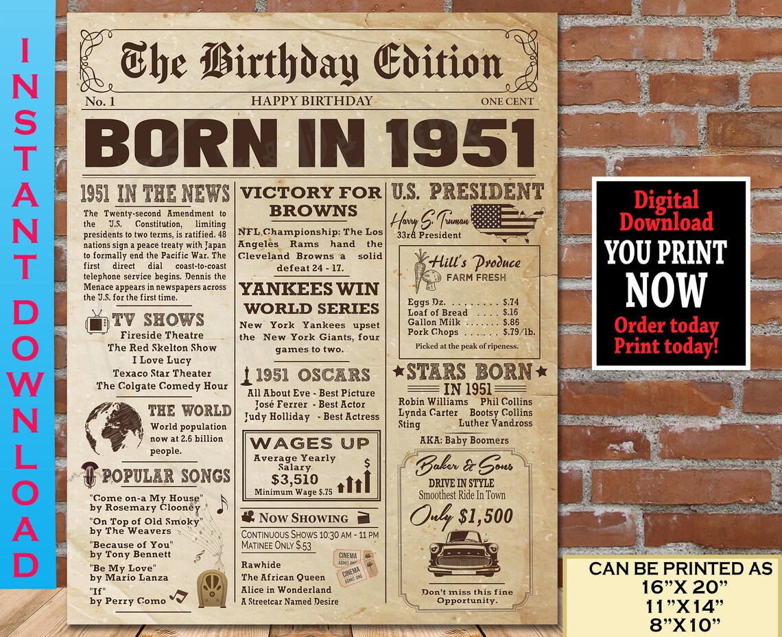 1951 Birthday NEWSPAPER 1951 Birthday Poster 1951 Adult - Etsy