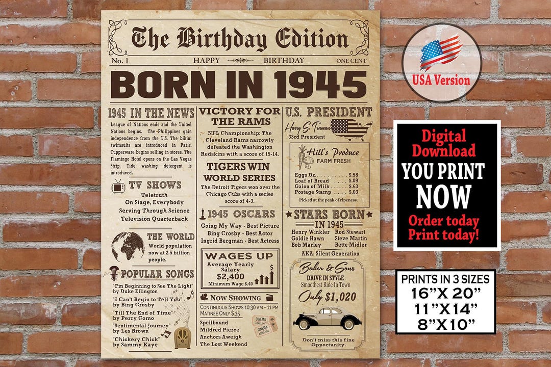 1945 80th Birthday Newspaper Poster Facts for 80th Birthday Born in ...