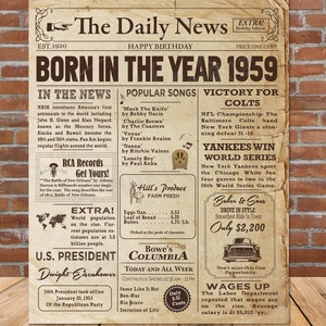 1959 Birthday NEWSPAPER Poster 1959 Birthday Gift Sign 1959 Facts for ...