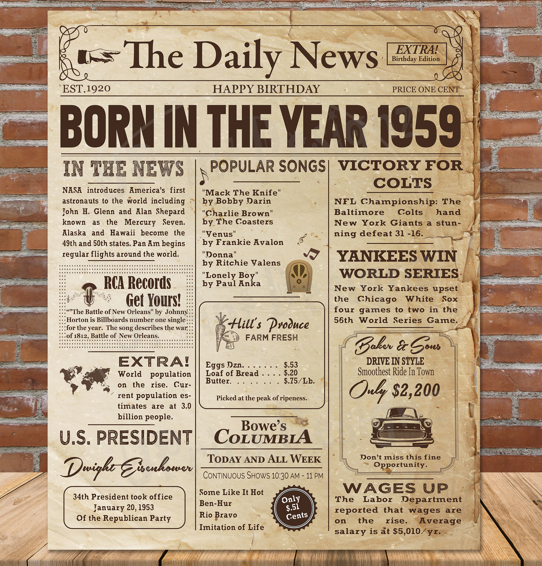 1959 Birthday NEWSPAPER Poster 1959 Birthday Gift Sign - Etsy