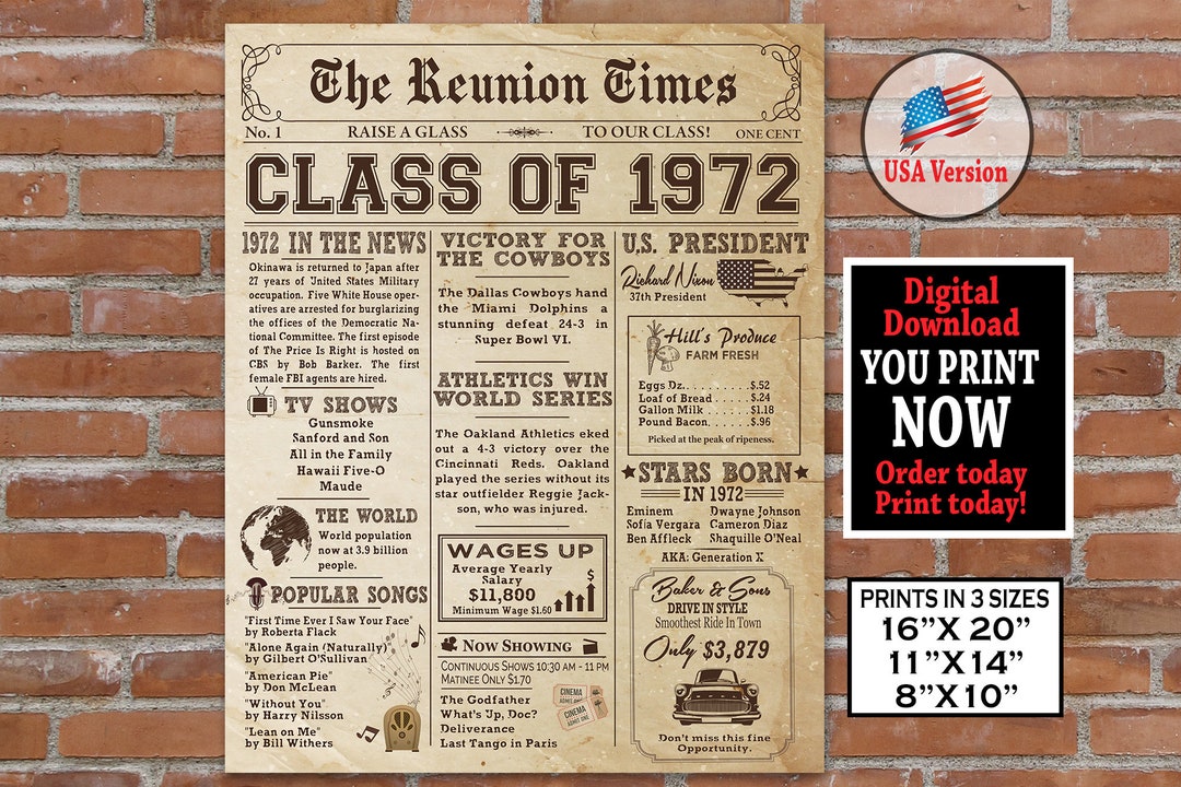 1972 Class Reunion NEWSPAPER Poster | 1972 Class Reunion | 1972 Facts ...