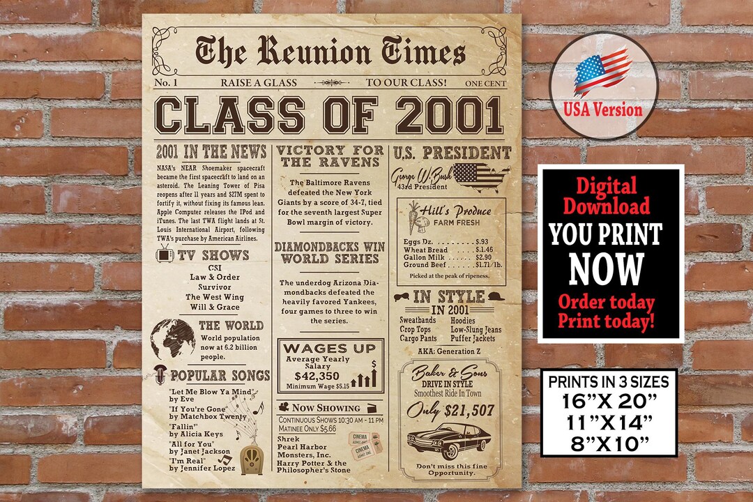 2001 Class Reunion NEWSPAPER Poster | 2001 Class Reunion | 2001 Facts ...