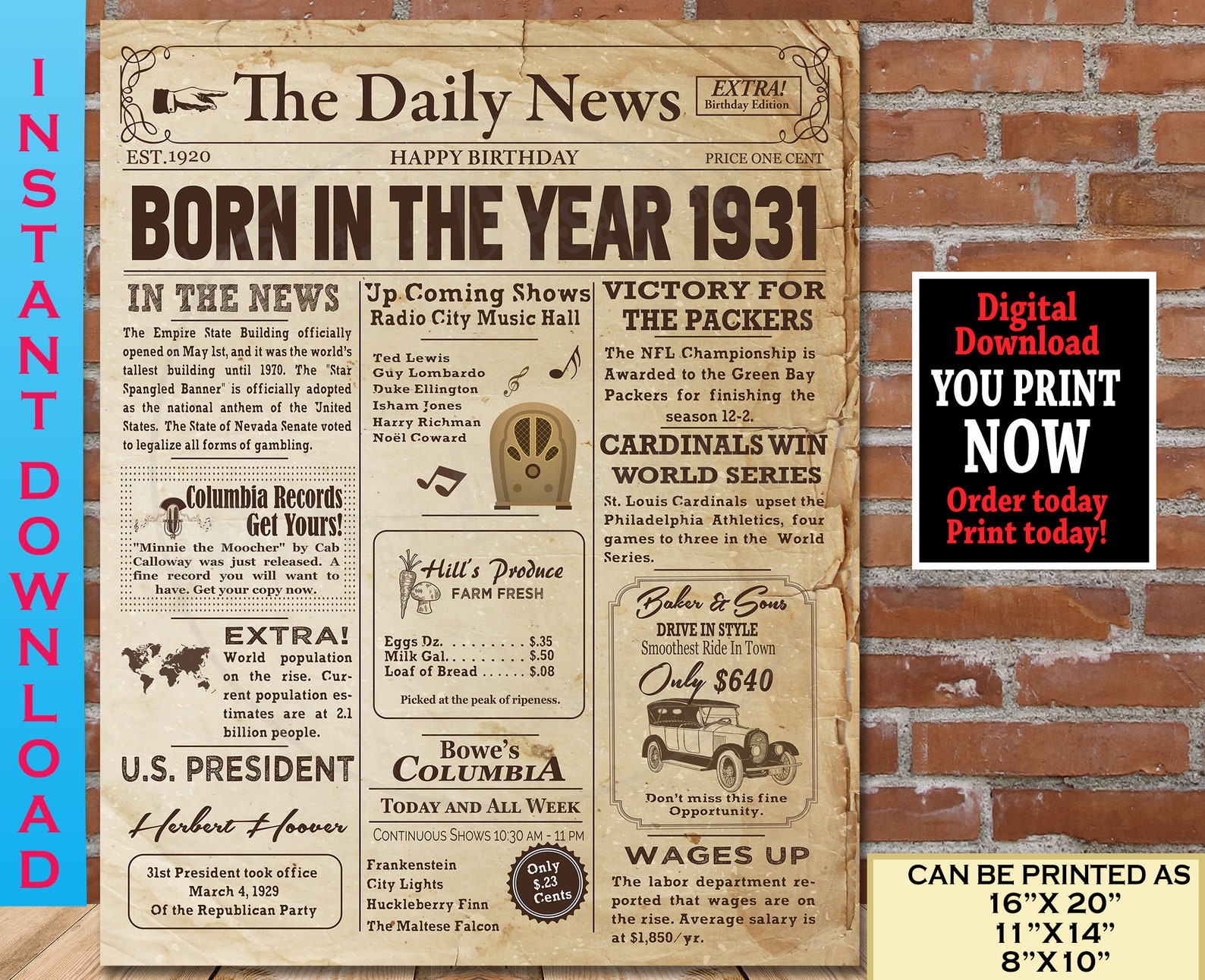 1931 Birthday NEWSPAPER Poster 1931 Birthday Sign 1931 | Etsy