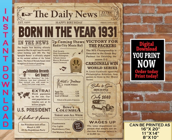 1931 Birthday NEWSPAPER Poster 1931 Birthday Sign 1931 | Etsy