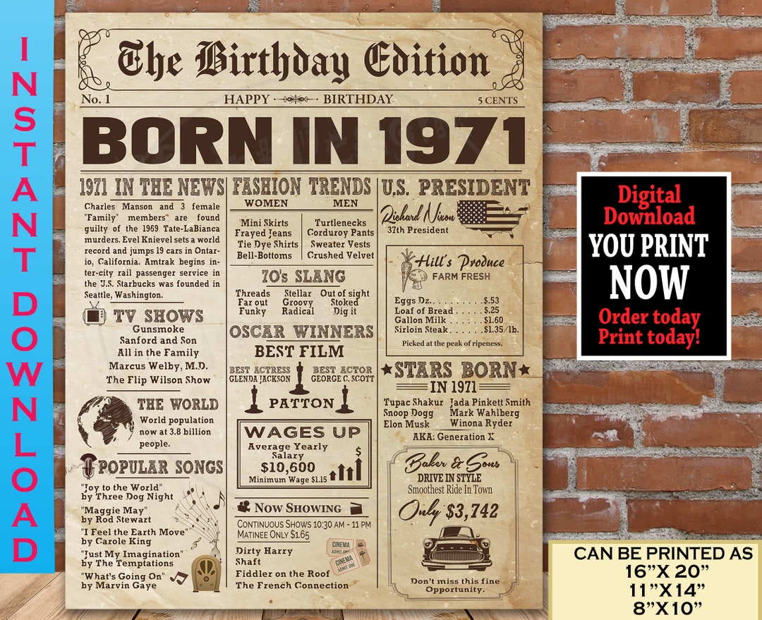 1971 Birthday NEWSPAPER Poster for 1971 Birthday 1971 Birthday Gift for ...