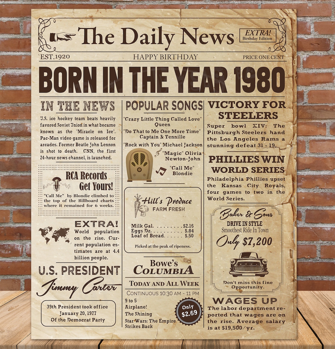 1980 Birthday NEWSPAPER Poster 1980 Birthday Gift Born in | Etsy