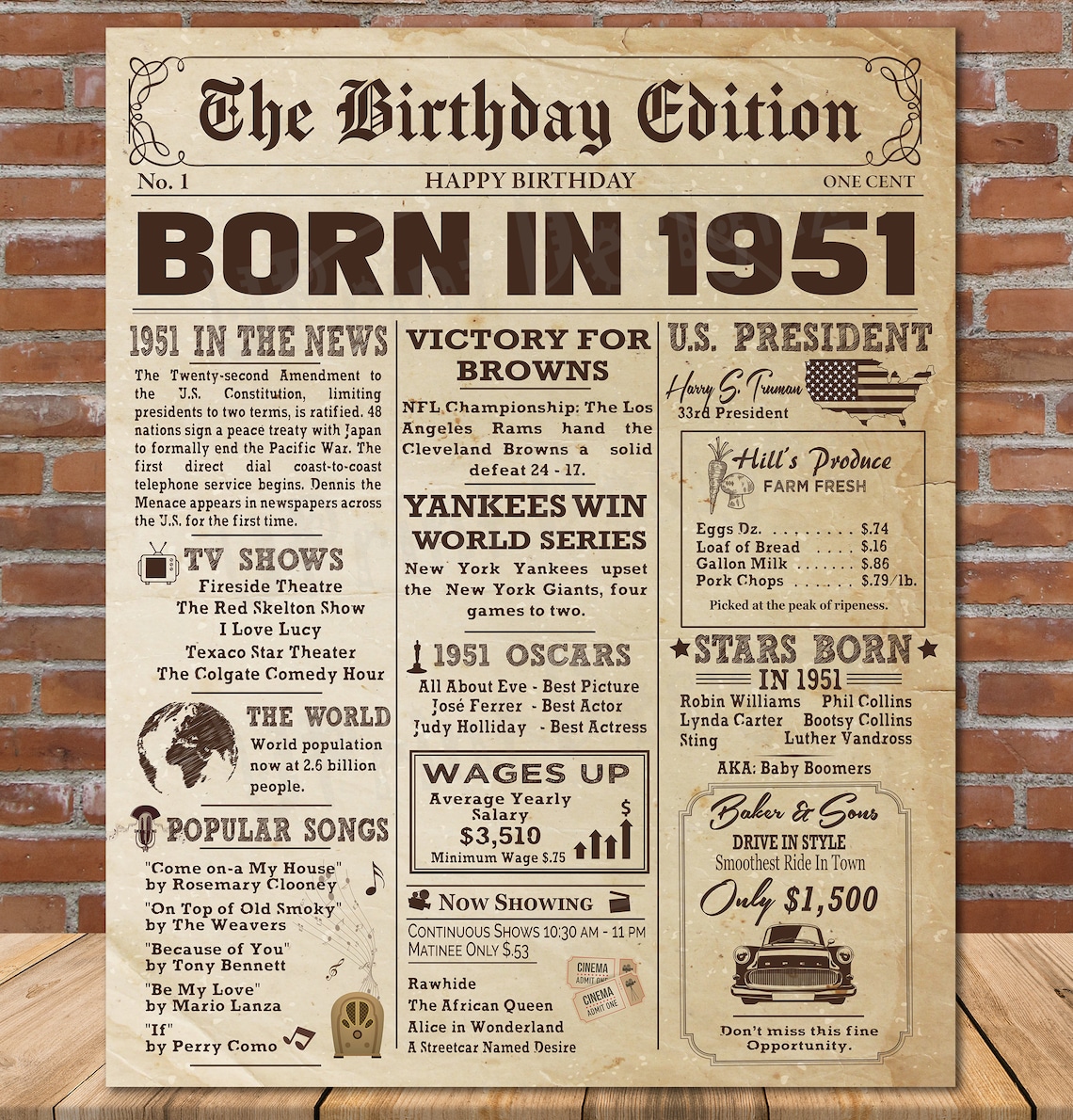 1951 Birthday NEWSPAPER 1951 Birthday Poster 1951 Adult - Etsy