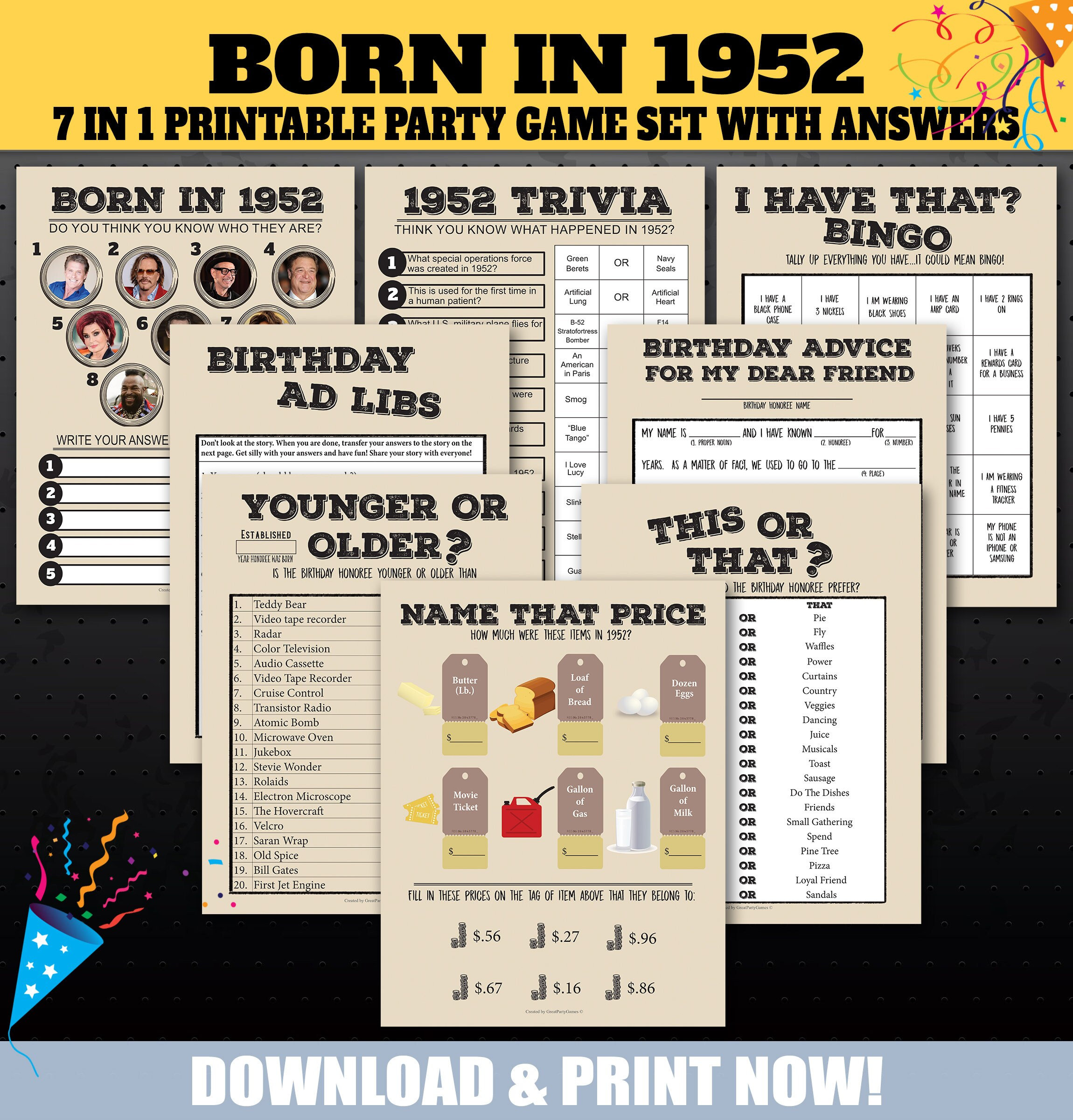 1952 Birthday Party Games, 70th Party Trivia Games, Born in 1952 Trivia ...