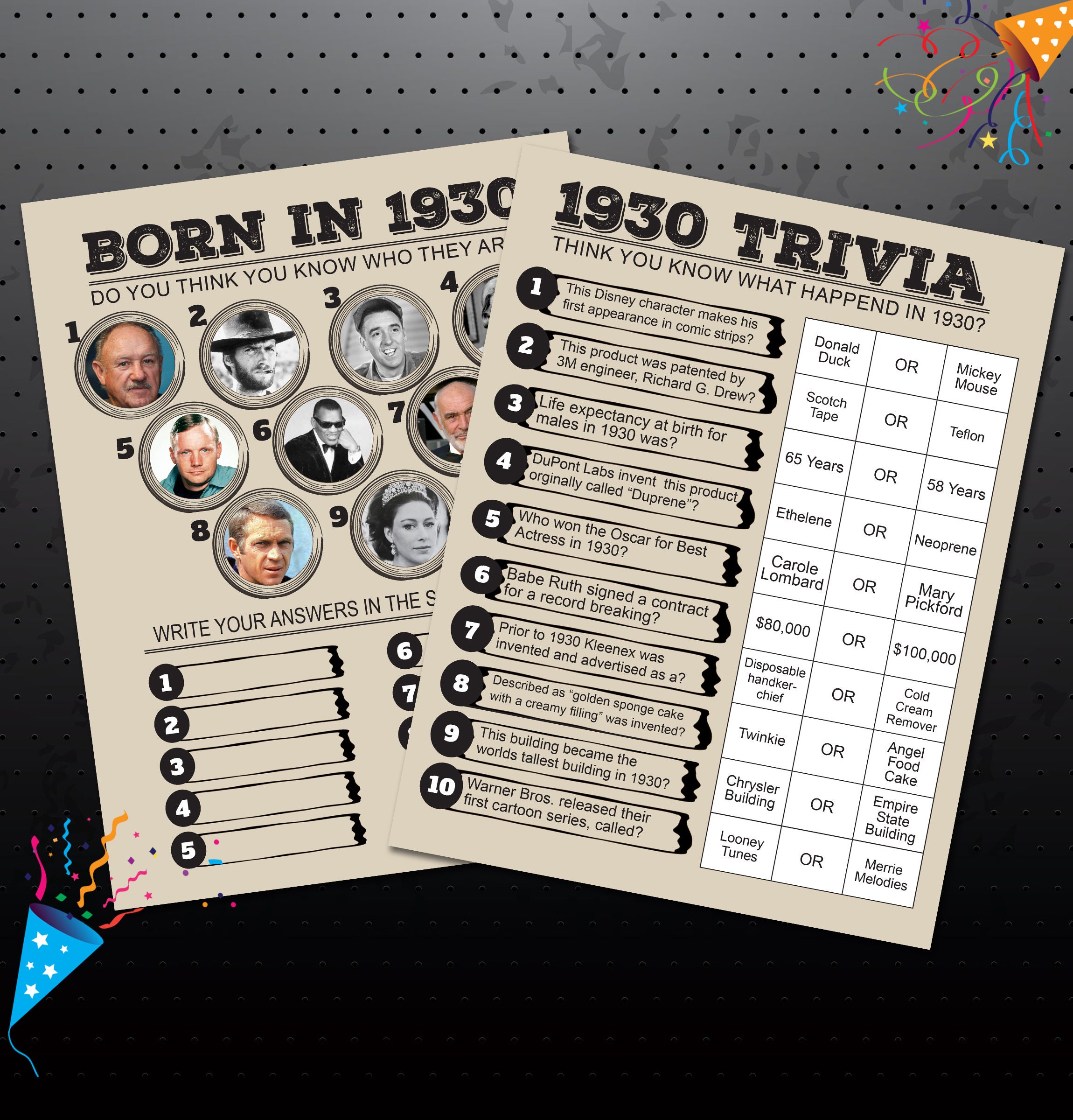 1930 Birthday Party Games, 1930 Party Trivia Games, Born in 1930 Trivia ...