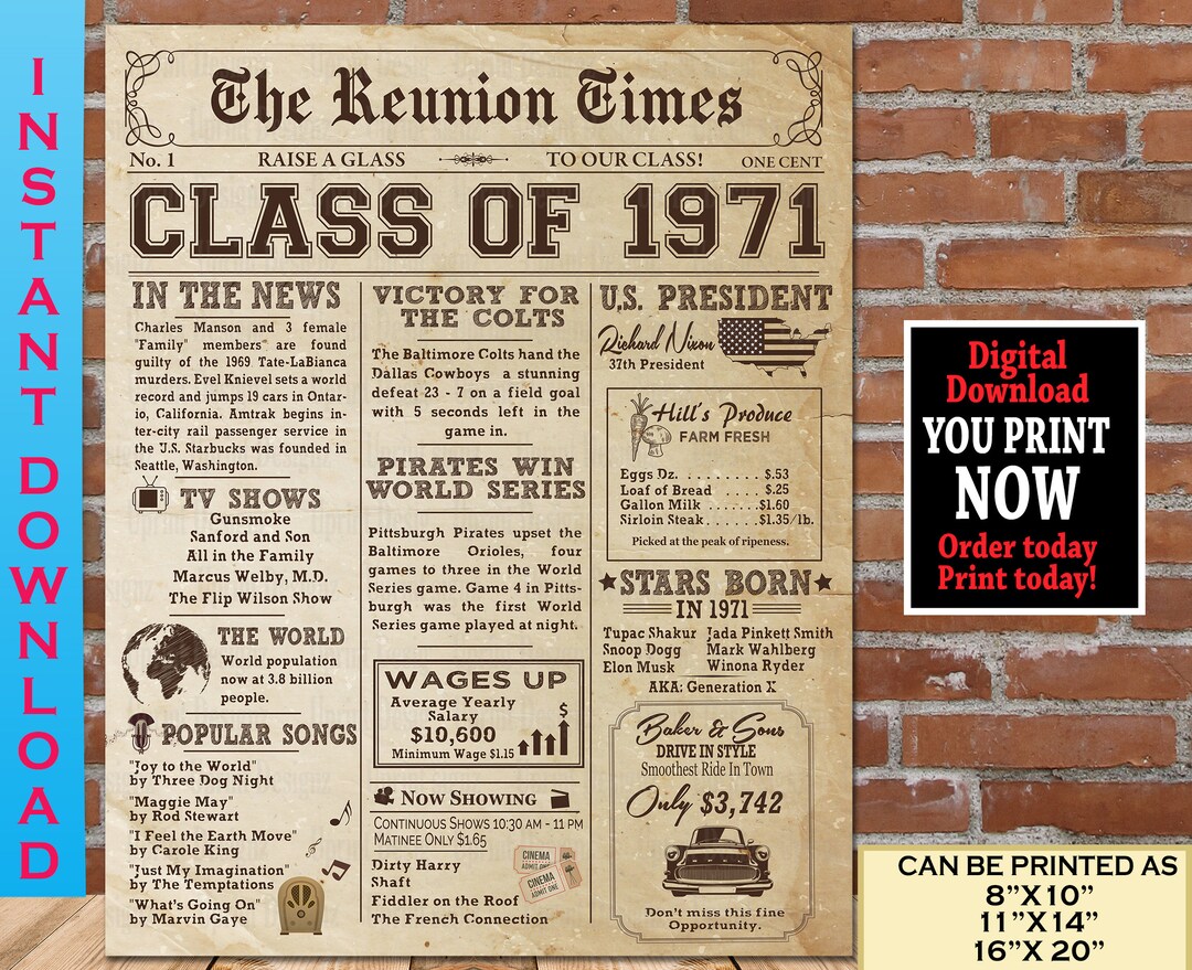 1971 Class Reunion NEWSPAPER Poster 1971 Class Reunion - Etsy