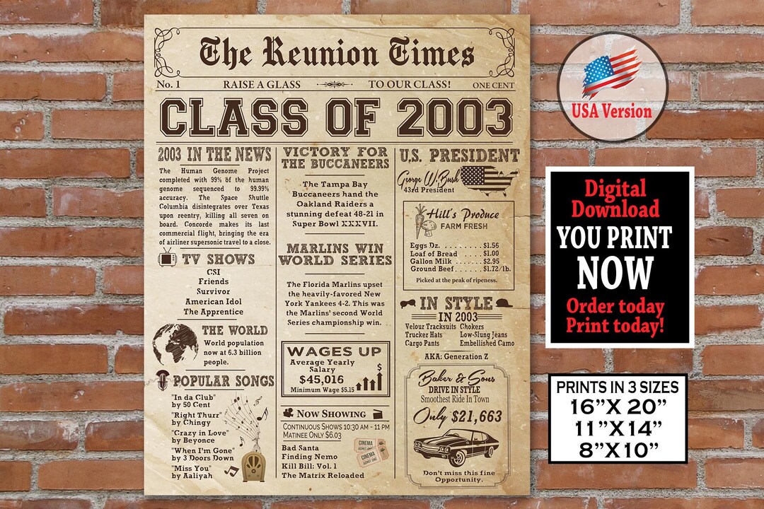 2003 Class Reunion NEWSPAPER Poster | 2003 Class Reunion | 2003 Facts ...