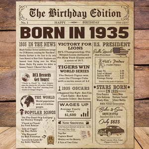 1935 Birthday NEWSPAPER Poster | 1935 Facts for Adult Birthday ...