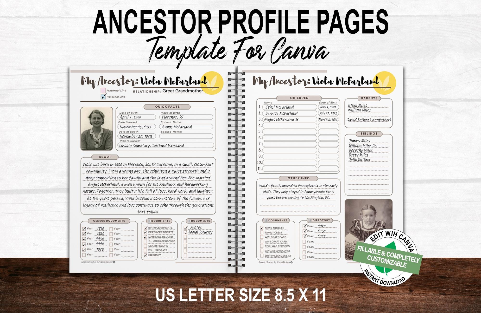 Genealogy Form Ancestor Profile Page | Printable Canva Template | 8.5 ...