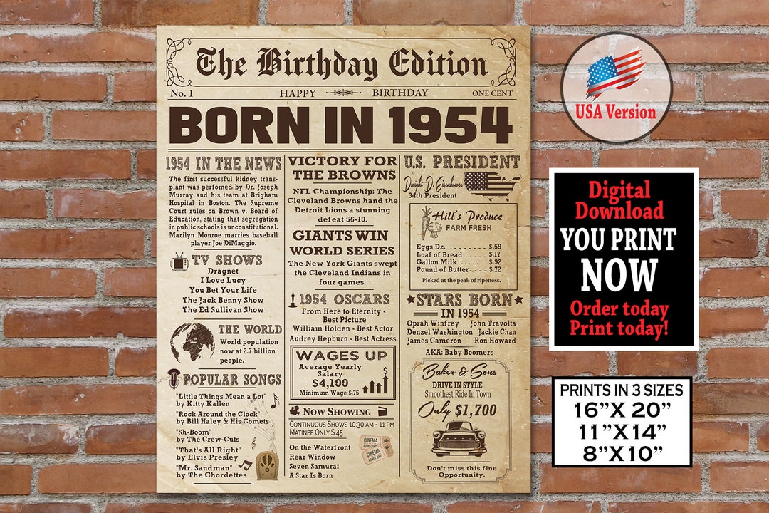 70th Birthday Newspaper Poster Sign, 1954 Birthday 70 Years Ago Back in ...