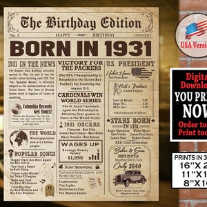 1931 Birthday NEWSPAPER Poster | 1931 Birthday Sign | 1931 Adult ...