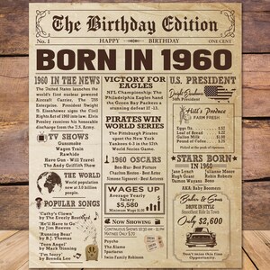 1960 Birthday NEWSPAPER Poster | 1960 Facts for Adult Birthday ...