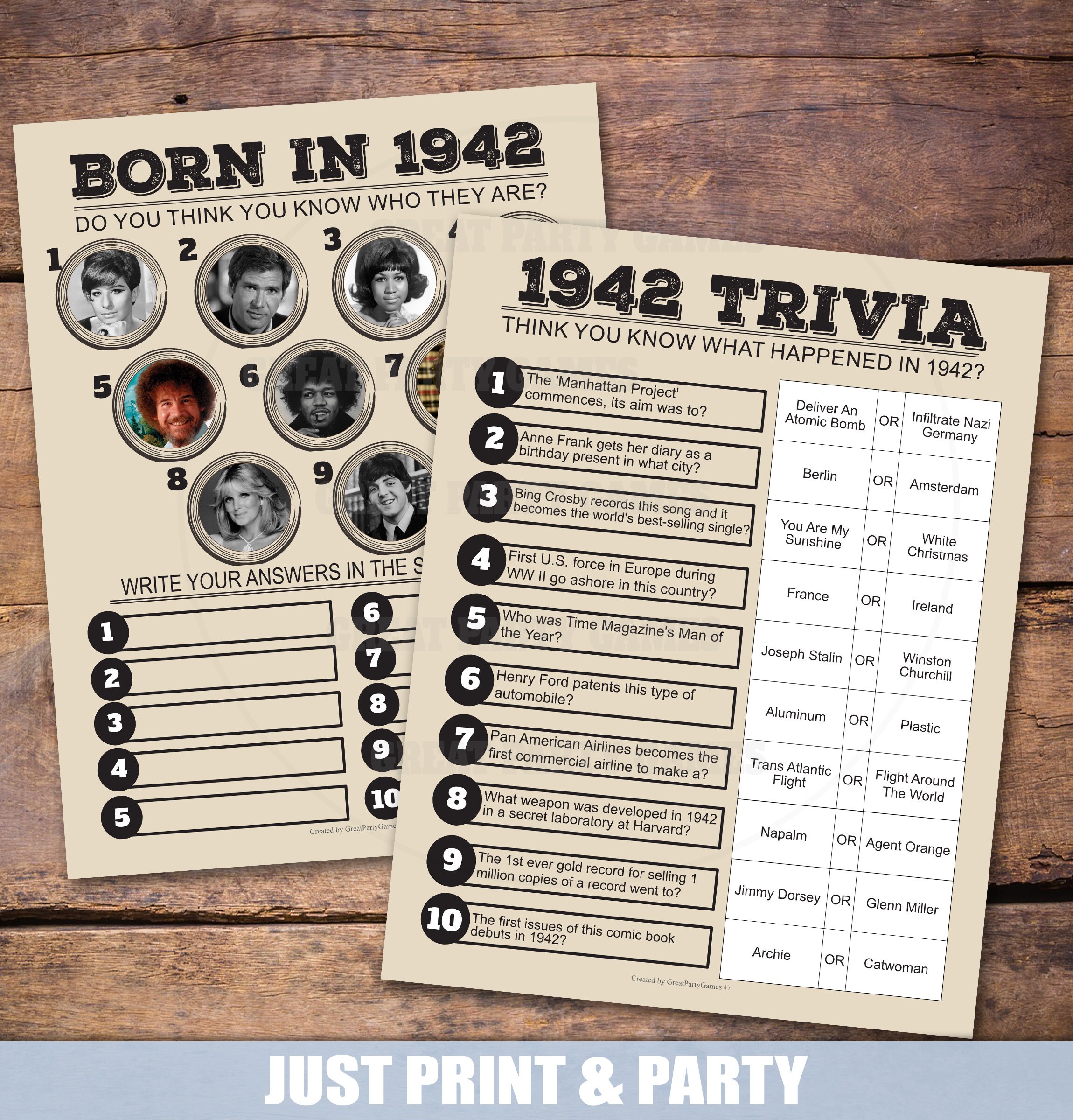 1942 Birthday Party Games, 1942 Birthday Party Trivia Game, Born in ...