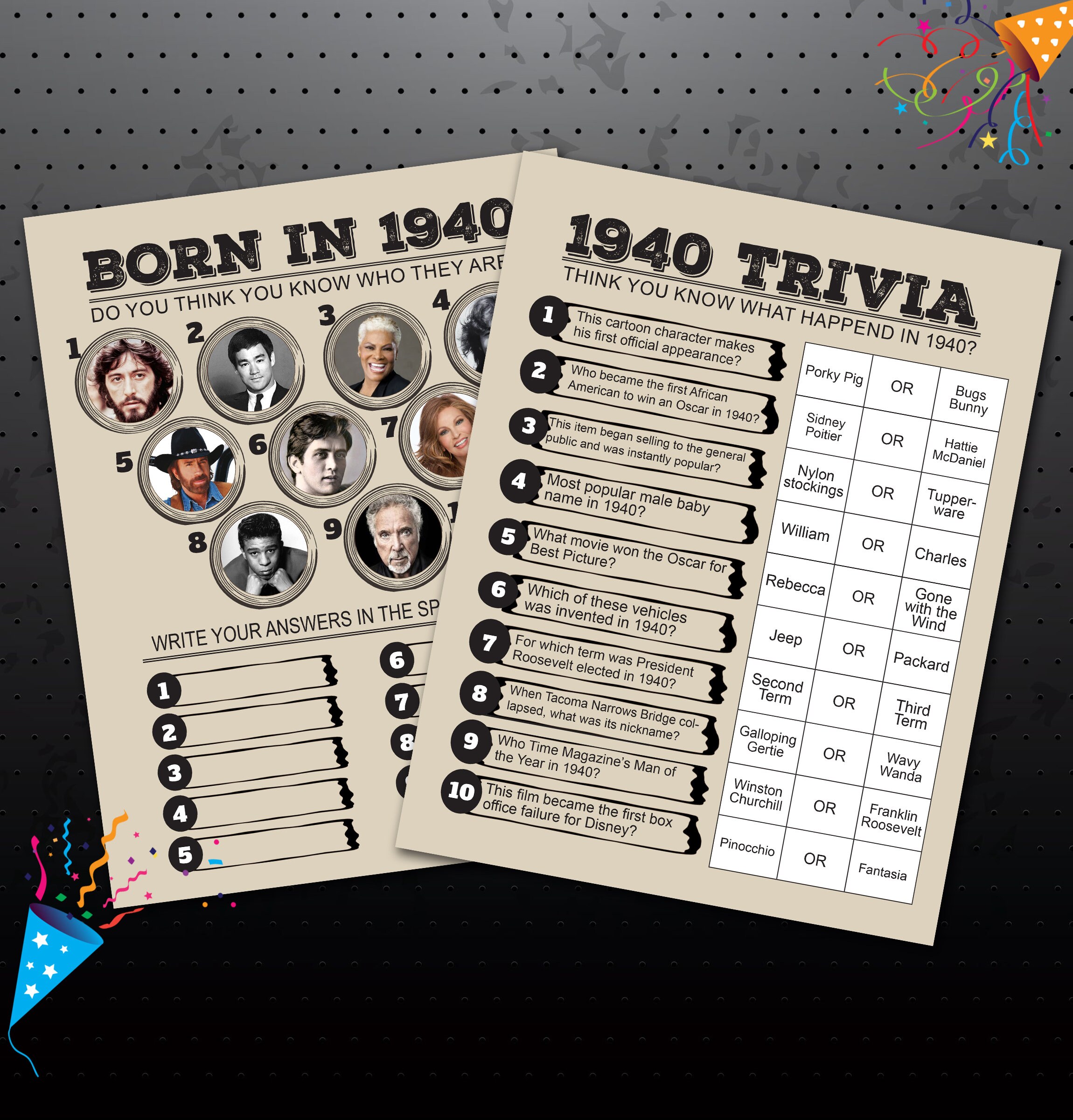 1940 Birthday Party Games, 1940 Birthday Party Trivia Game, Born in ...