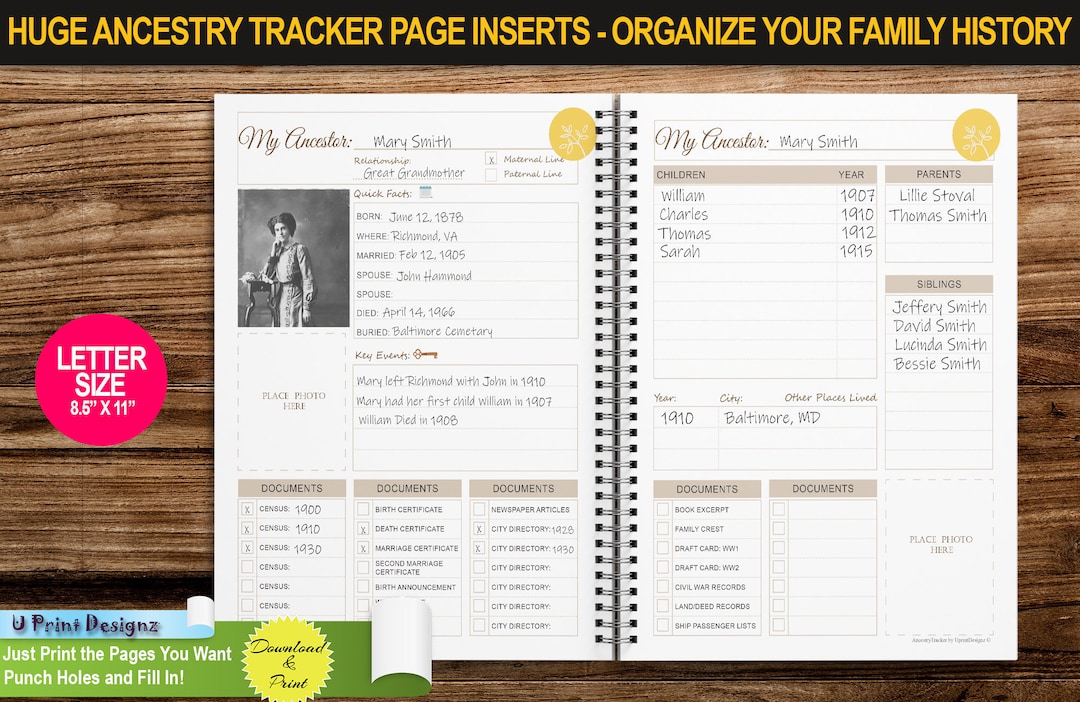 Genealogy Tracker | LETTER SIZE 8.5" X11" | Ancestry Printable Planner ...