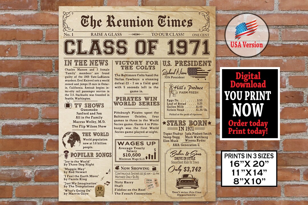 1971 Class Reunion NEWSPAPER Poster | 1971 Class Reunion | 1971 Facts ...