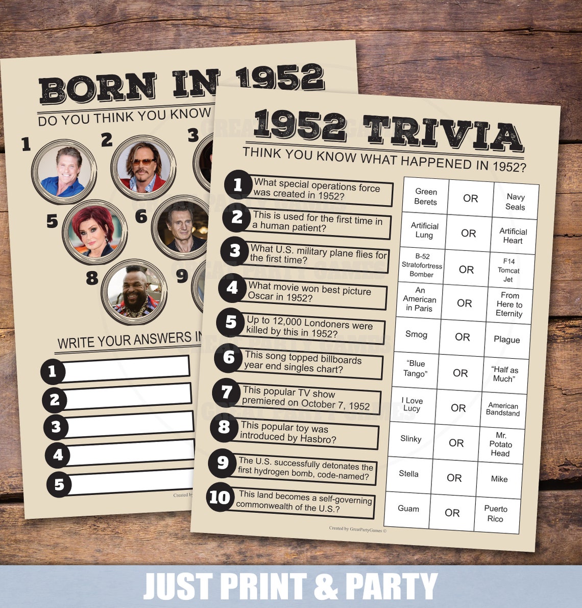 1952 Birthday Party Games, 70th Party Trivia Games, Born in 1952 Trivia ...