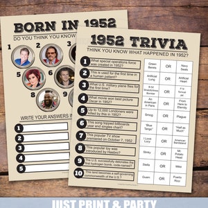 1952 Birthday Party Games, 70th Party Trivia Games, Born in 1952 Trivia ...
