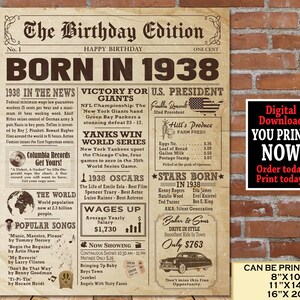 1938 Birthday NEWSPAPER Style Poster, Party Decoration With 1938 ...