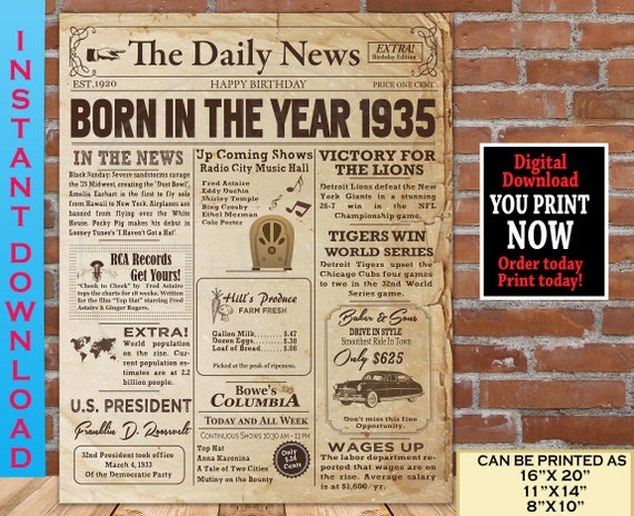 1935 Birthday NEWSPAPER Poster 1935 Facts for Adult Birthday - Etsy Canada