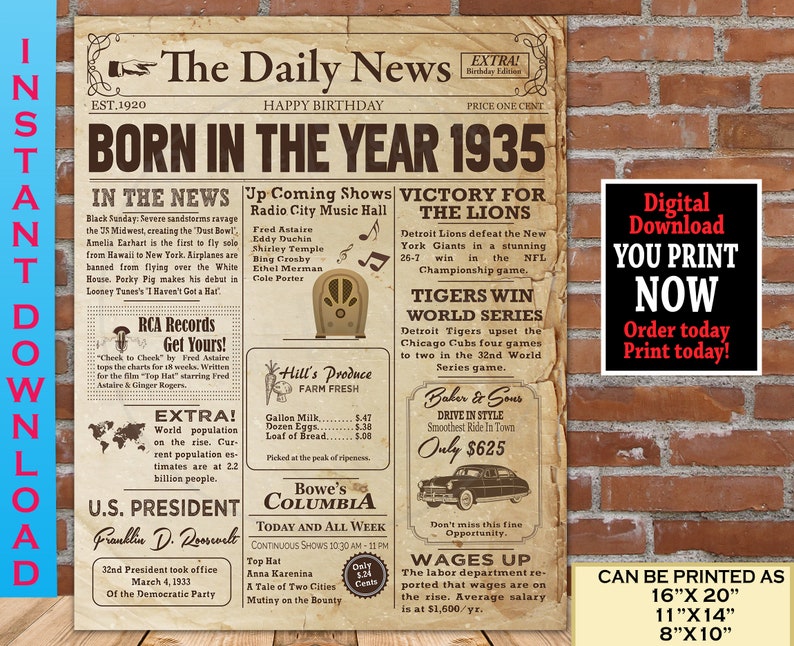 1935 Birthday NEWSPAPER Poster 1935 Facts for Adult Birthday - Etsy