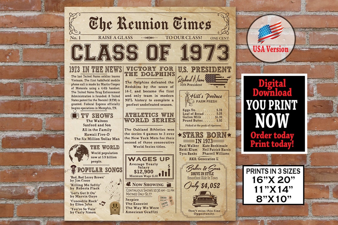 1973 Class Reunion NEWSPAPER Poster | 1973 Class Reunion | 1973 Facts ...
