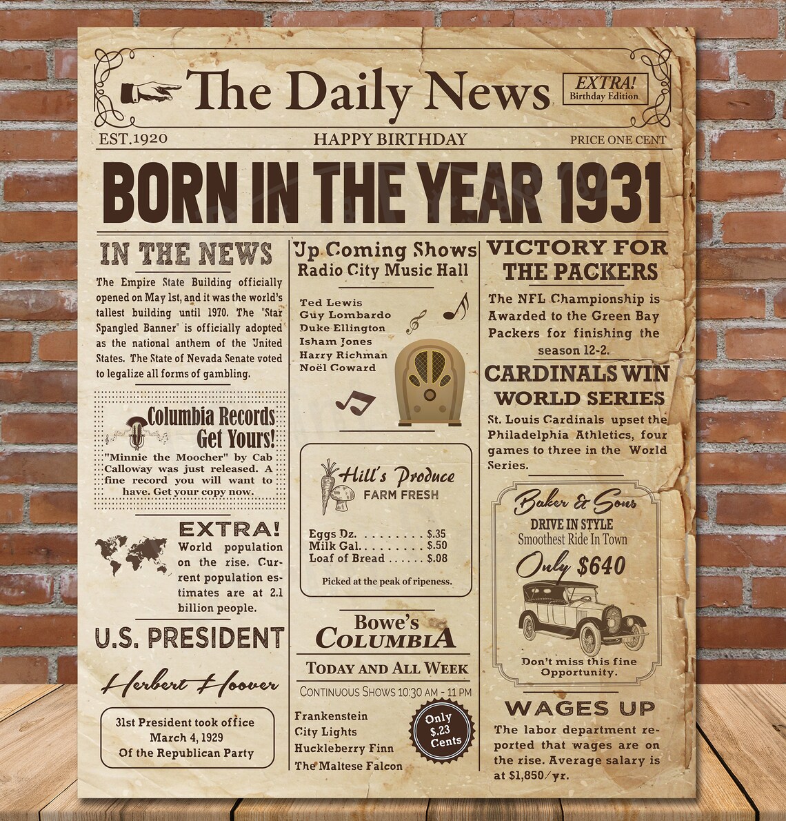 1931 Birthday NEWSPAPER Poster 1931 Birthday Sign 1931 | Etsy