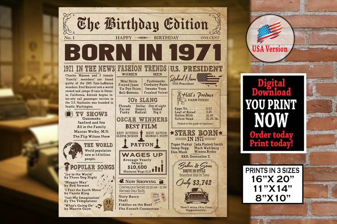 1971 Birthday NEWSPAPER Poster for 1971 Birthday | 1971 Birthday Gift ...