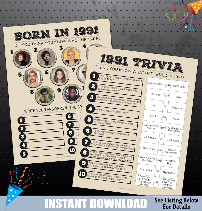 1991 Birthday Party Games, 1991 Party Trivia Games, Born in 1991 Trivia ...