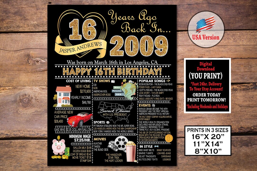 16th Birthday Poster | 2009 Birthday Sign GOLD | Sweet 16th Birthday ...