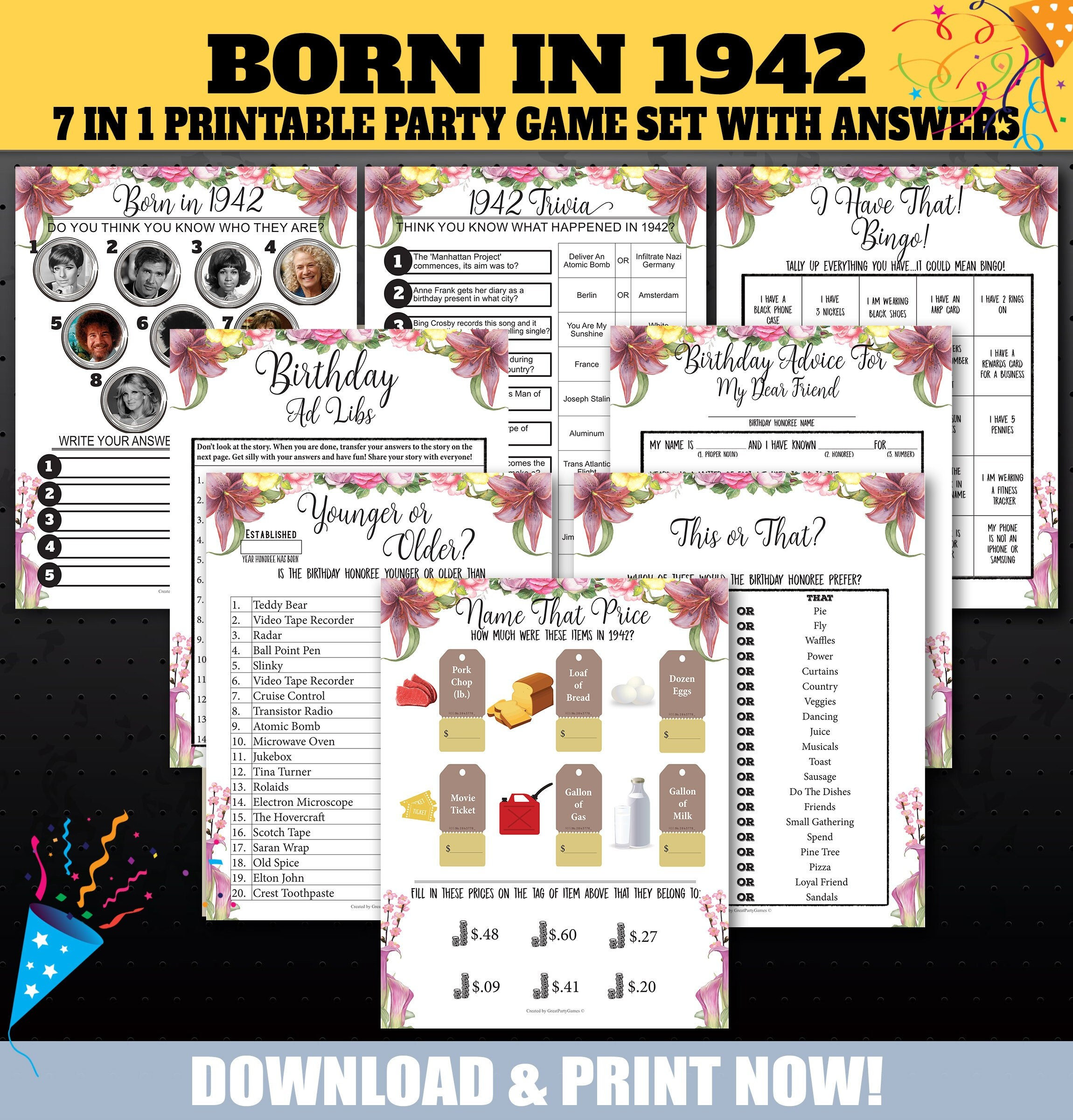 1942 Birthday Party Games, 80th Party Trivia Games, Born in 1942 Trivia ...