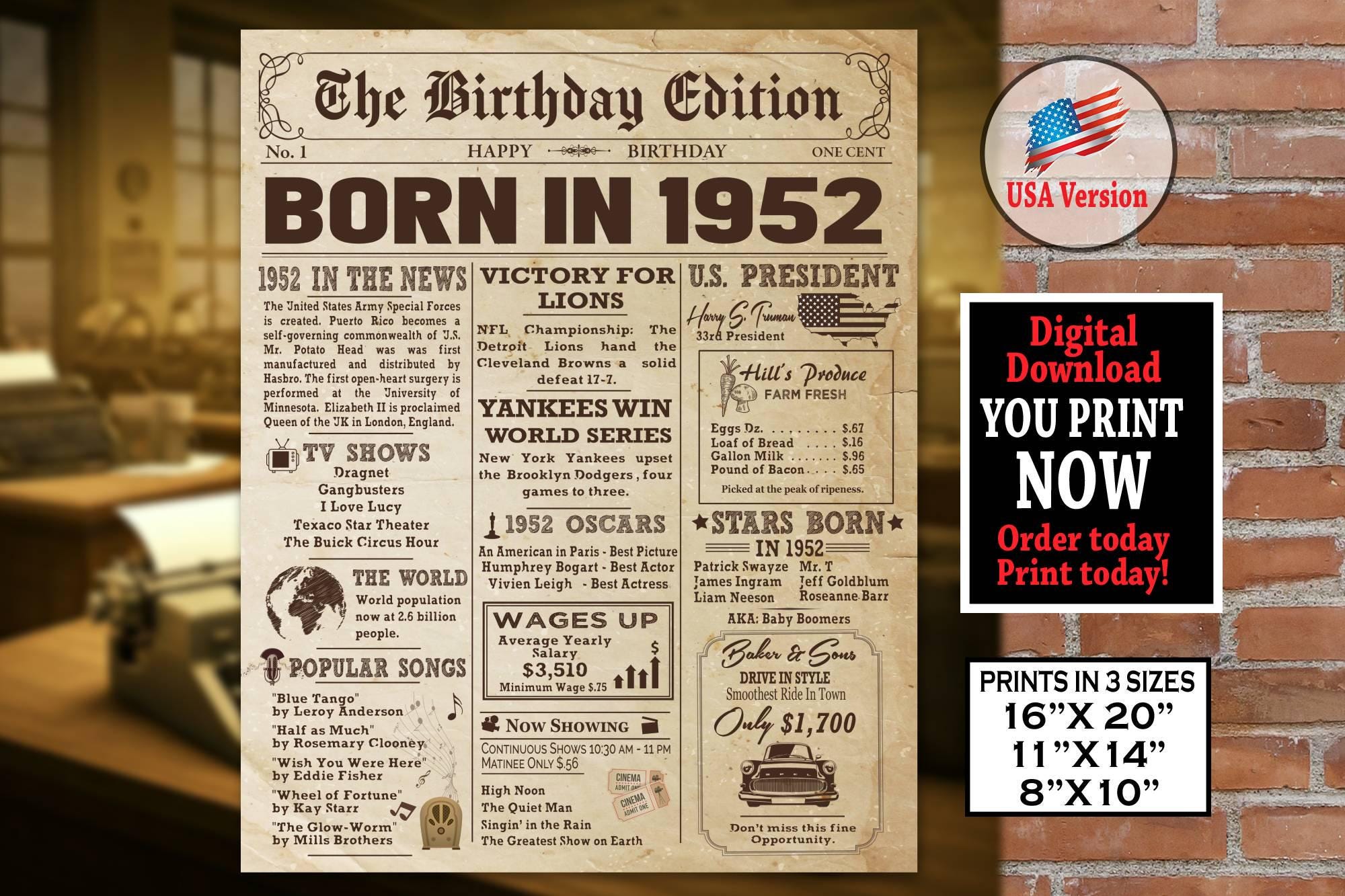 1952 Birthday Newspaper Poster Sign, 1952 Birthday, Years Ago Back in ...
