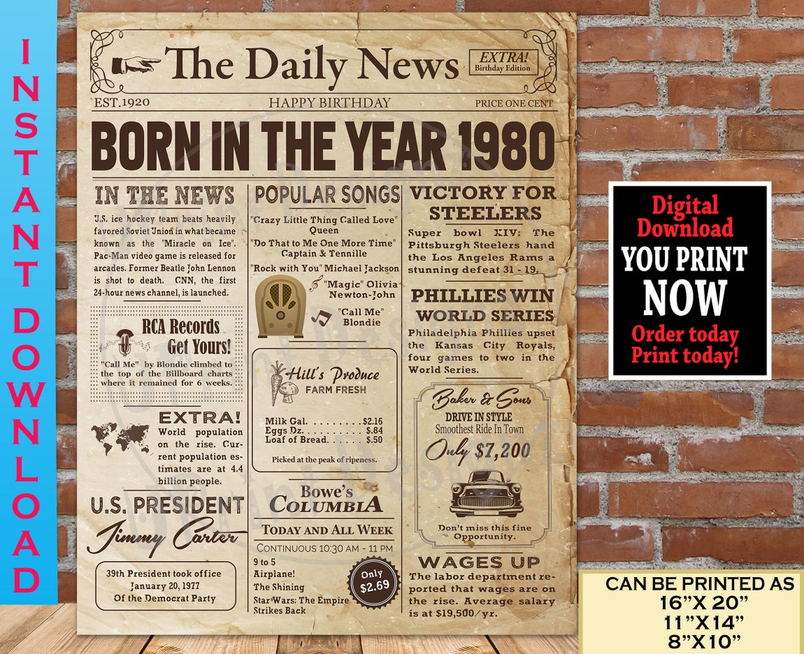 1980 Birthday NEWSPAPER Poster 1980 Birthday Gift Born in | Etsy